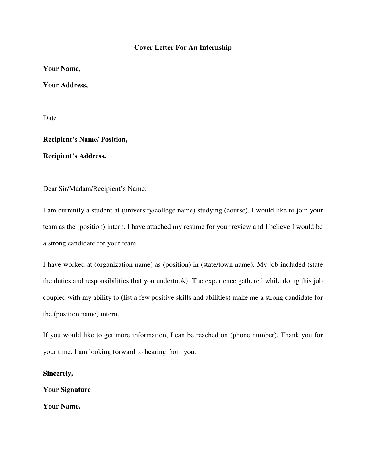 Cover Letter For An Internship Internship Application Letter Sample 